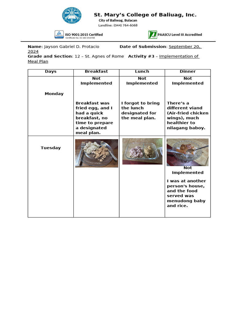 Implementation of Meal Plan Activity | PDF