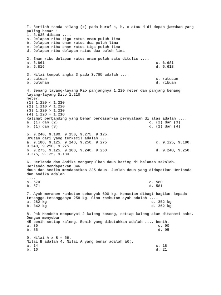 Soal Mtk Kelas 4 | PDF