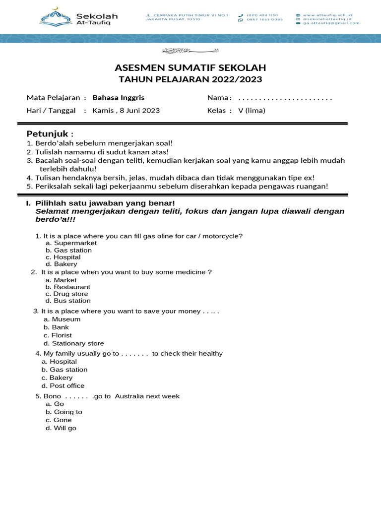 Soal Pas Class 5 (2022-2023) Genap (English Focus) | PDF