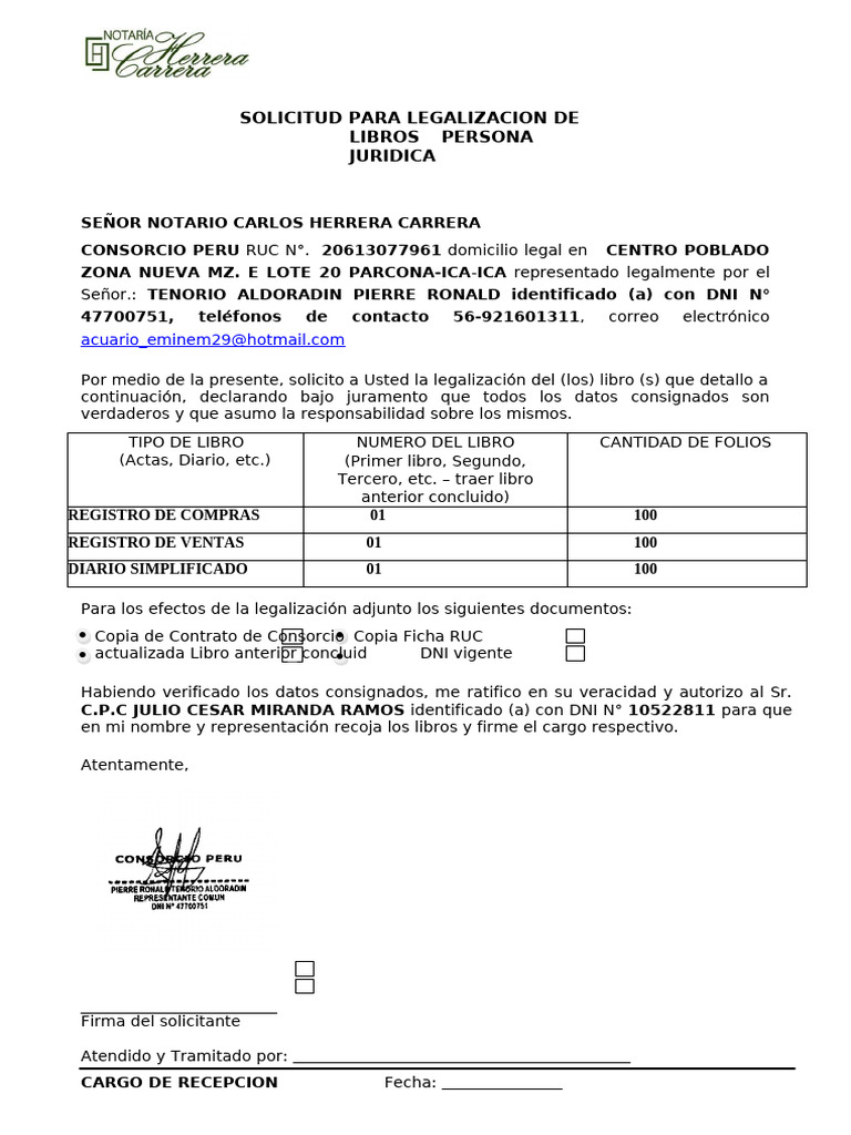 SOLICITUD FINAL PARA LEGALIZACION DE LIBROS PERSONA JURIDICA NOTARIA HERRERA CARRERA- SOLUTION ...