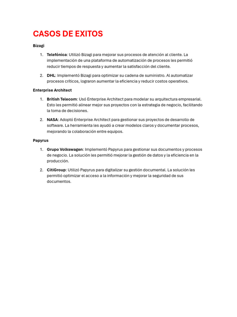 Casos de Exito de Bizagi, Enterprise Architect, Papyrus | PDF