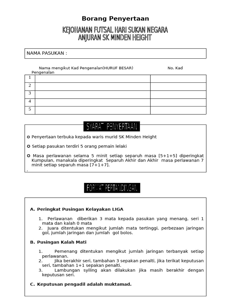 Borang Penyertaan Futsal Hari Sukan Negara SK Minden Height | PDF