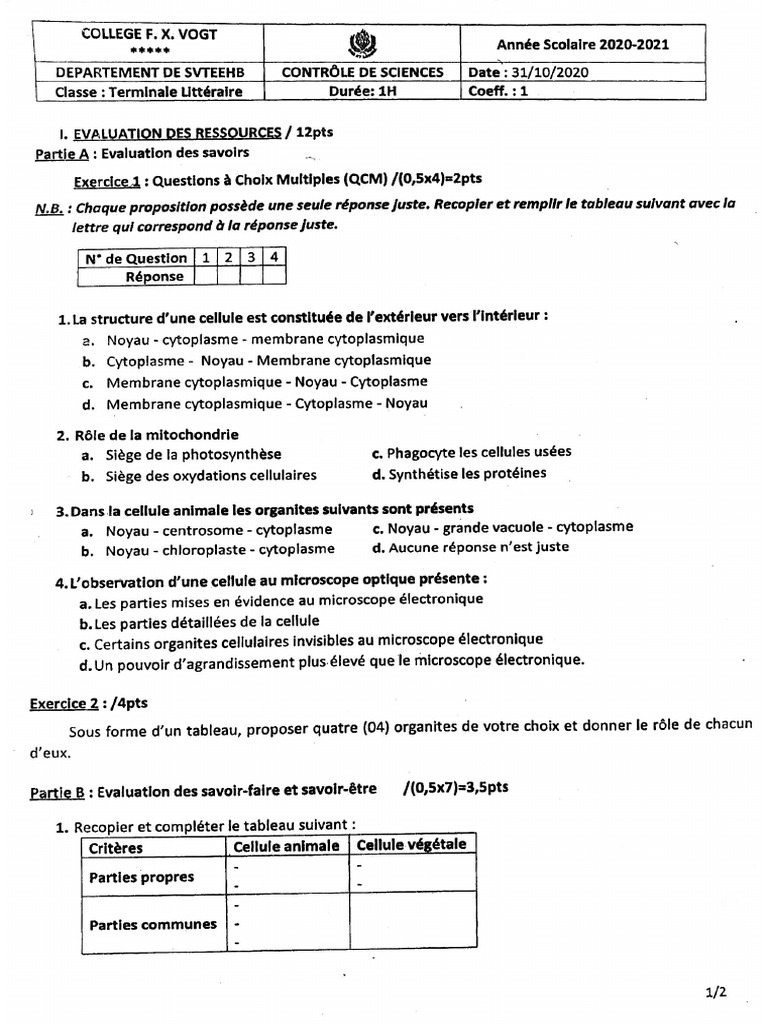 Orni Coll FX Vogt SVTEEHB Tle A4 Seq1 Octobre 2020 | PDF