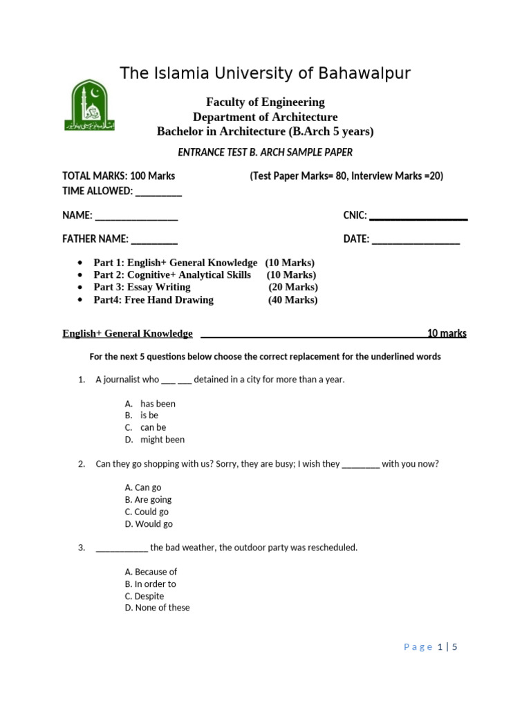 1674031554 Sample Entry Test Paper for Architecture (11) | PDF