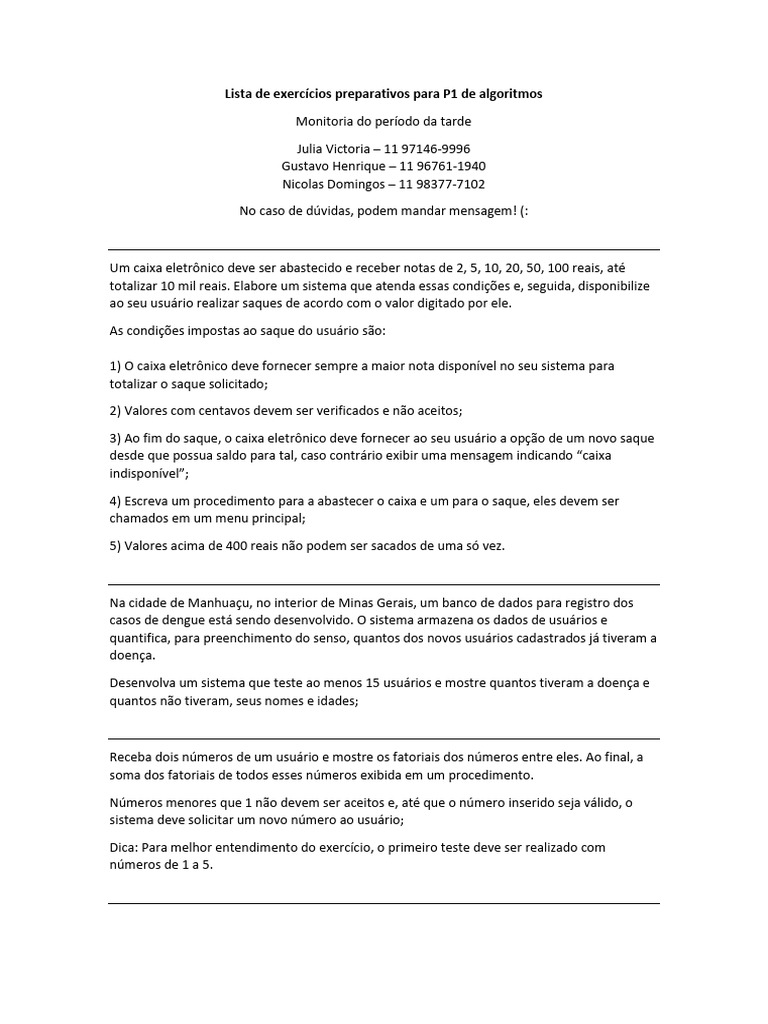 Lista de Exercícos Monitoria | PDF