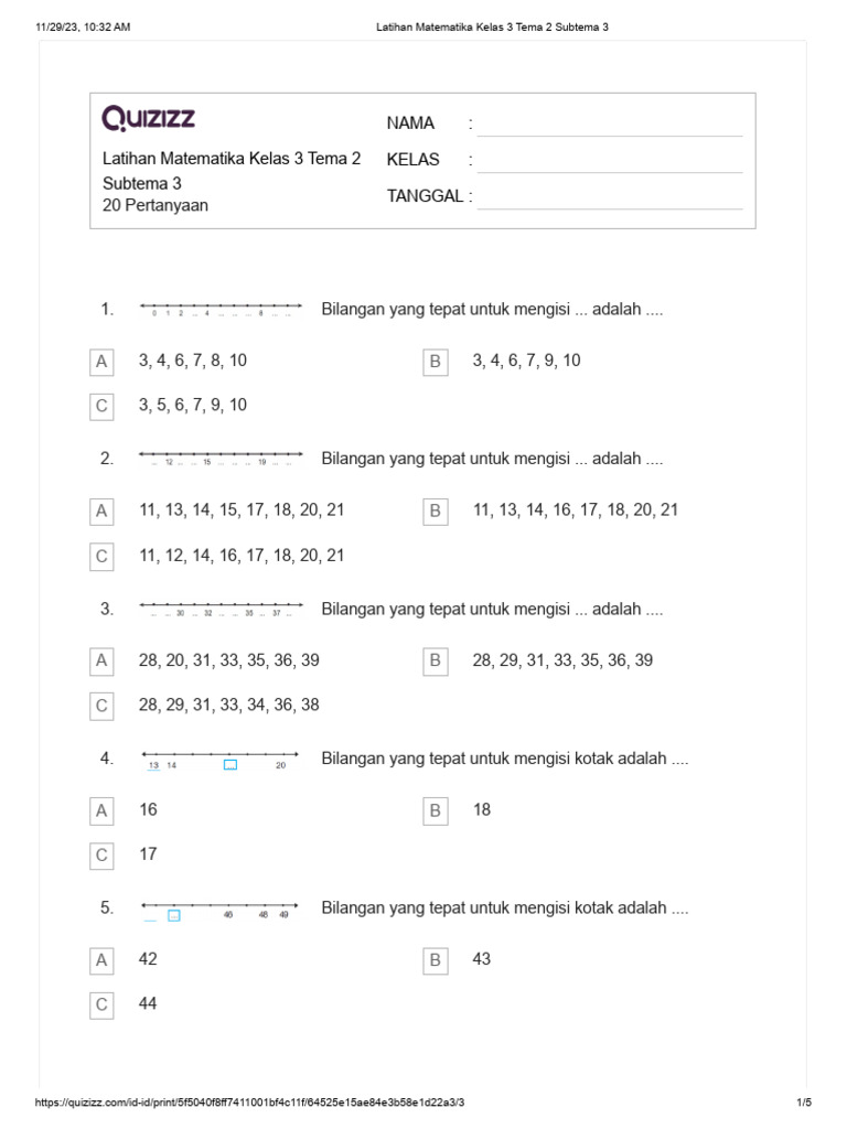 Quizizz - Latihan Matematika Kelas 3 Tema 2 Subtema 3 | PDF