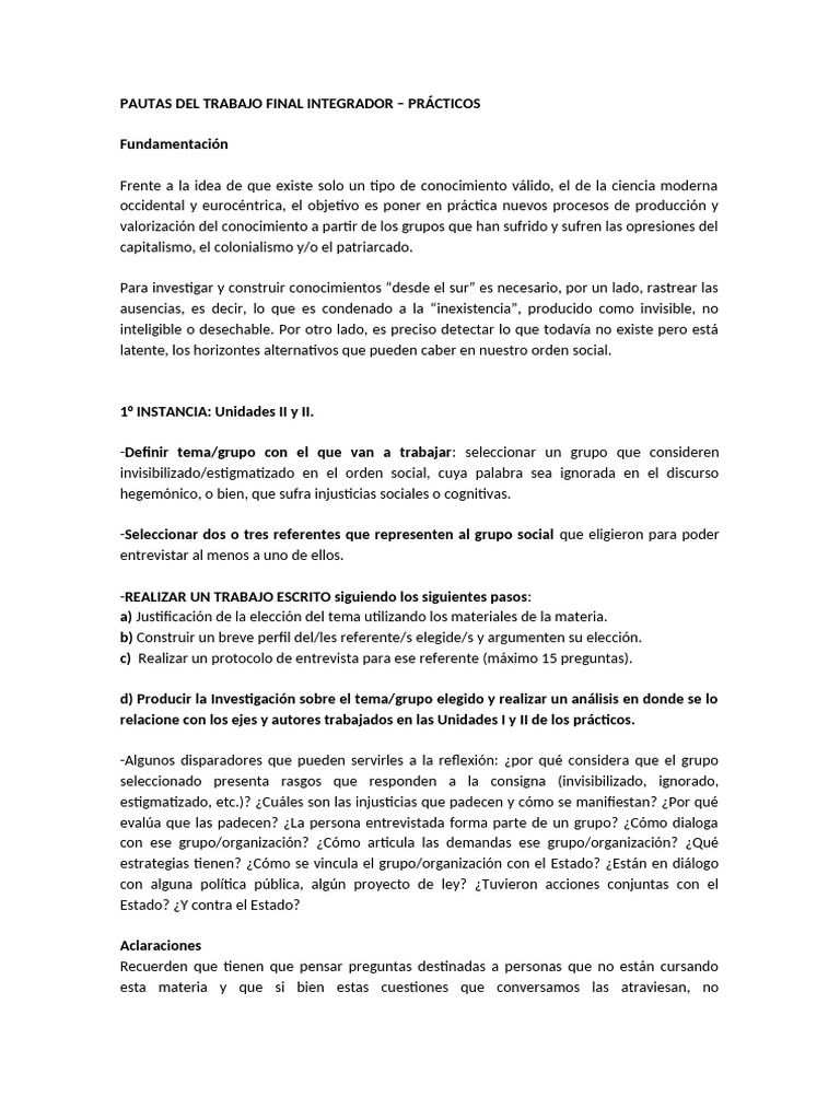 Pautas Del Trabajo Final Integrador 2024 | PDF