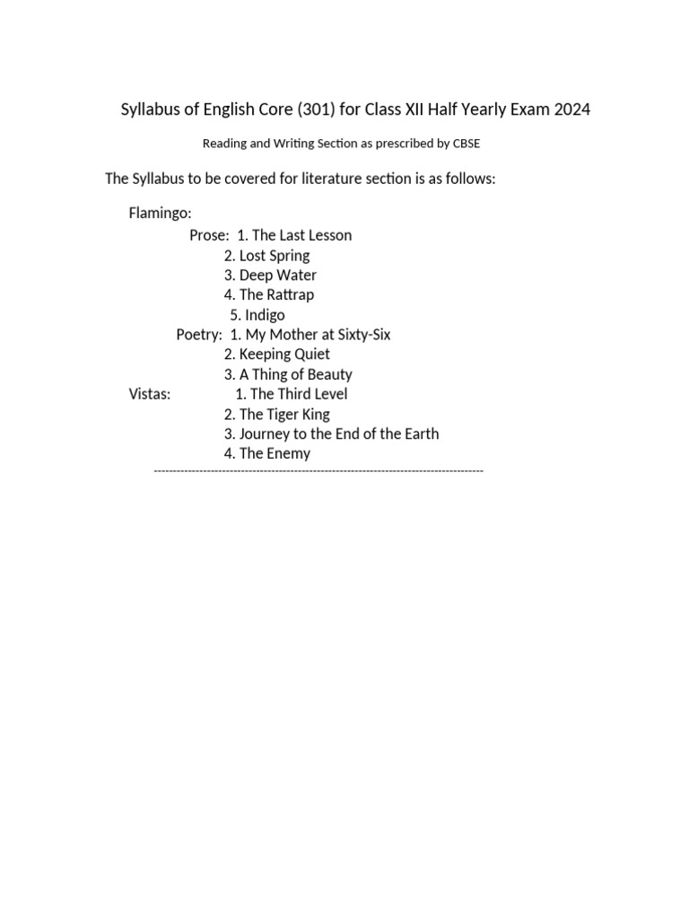 Syllabus Class XII Eng HY 2024 | PDF