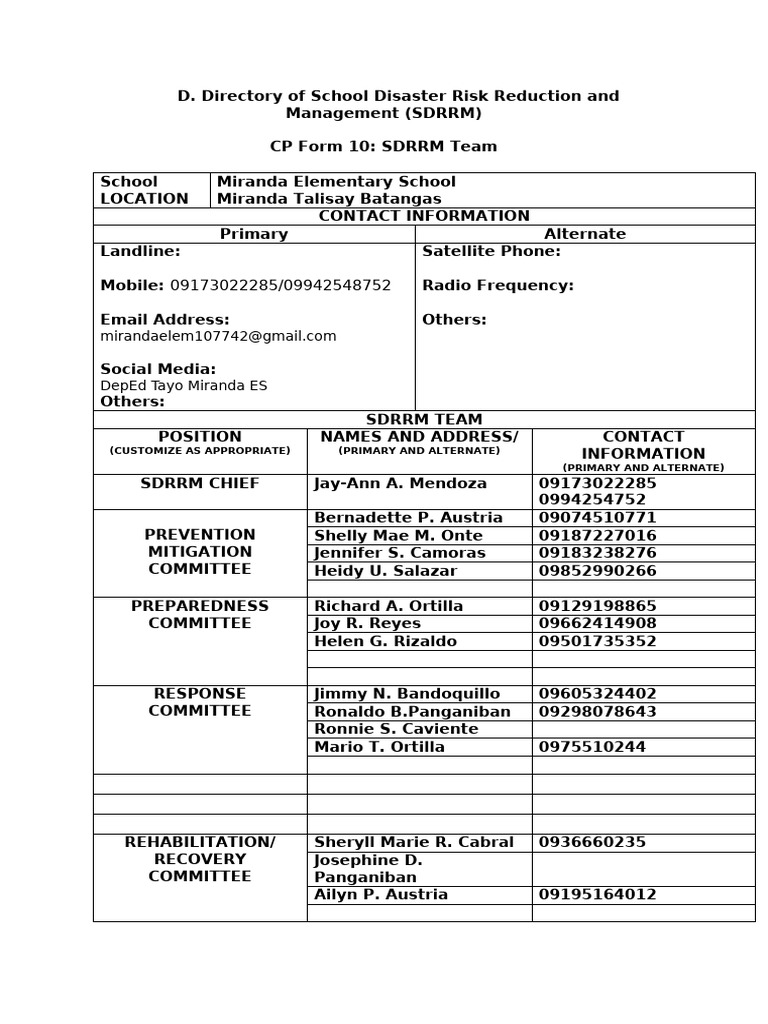 CP Form 10 SDRRM Team Directory 3 | PDF