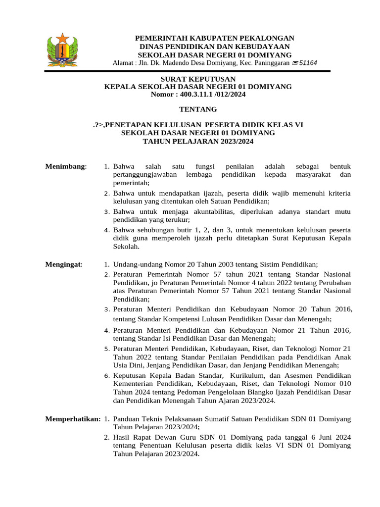 SK Penetapan Kelulusan Peserta Didik 2024 PNG | PDF