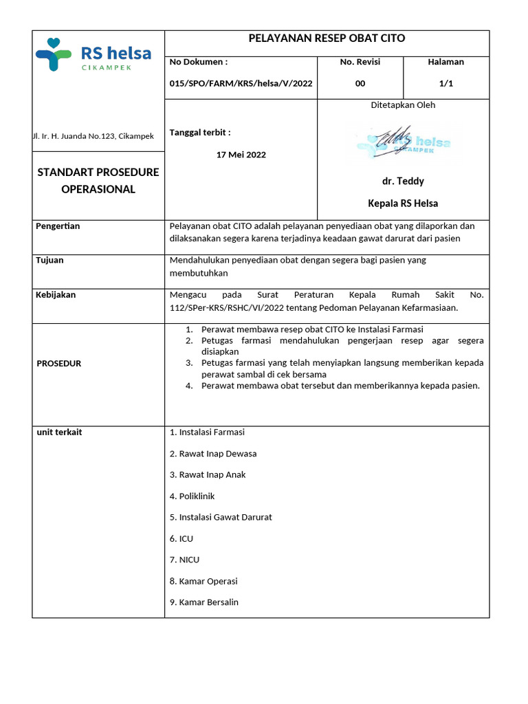 3. SPO_015_PELAYANAN_RESEP_OBAT_CITO | PDF