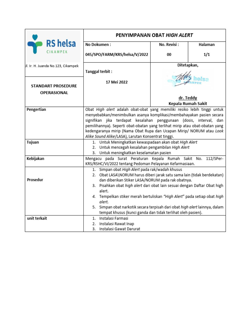 Spo - 45 - Penyimpanan - Obat - High - Alert | PDF