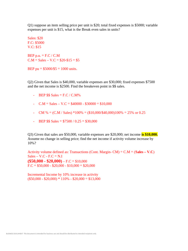 Practice questions sales mix BEPoint and CM | PDF