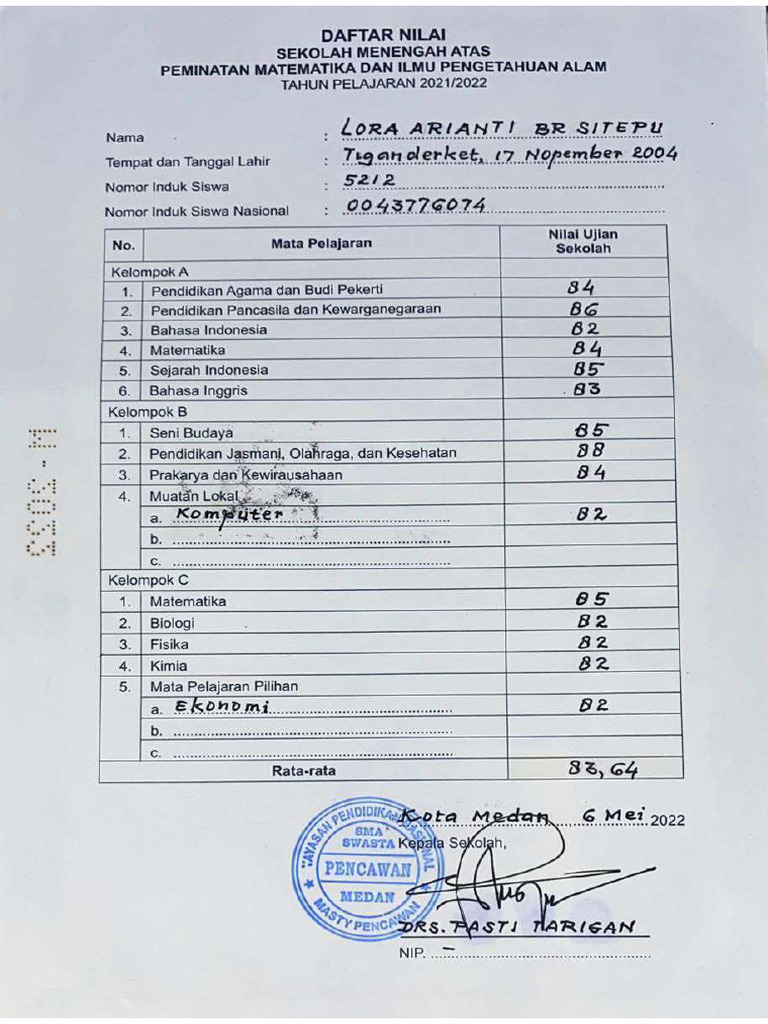 Transkrip Nilai Sma | PDF