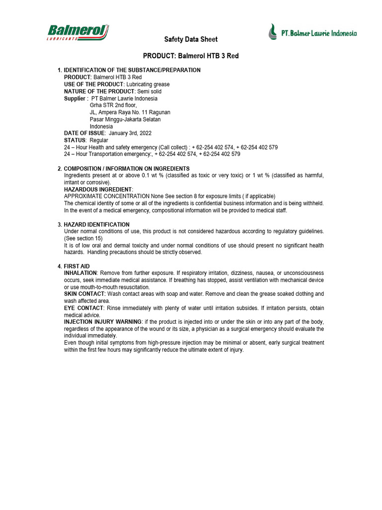 MSDS_Eng_ Balmerol Grease HTB-3-Red | PDF