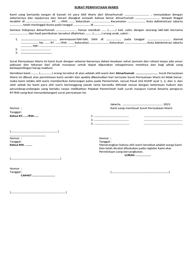 Draft - SURAT PERNYATAAN WARIS | PDF