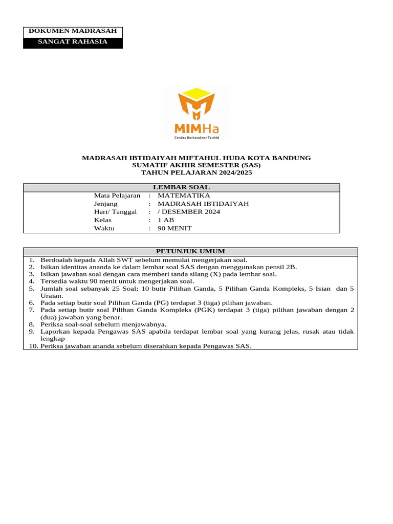 Soal Sas MTK Kelas 1 2024 | PDF