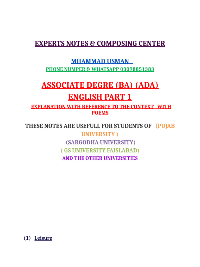 Explanation With Reference To The Context With Poems | PDF