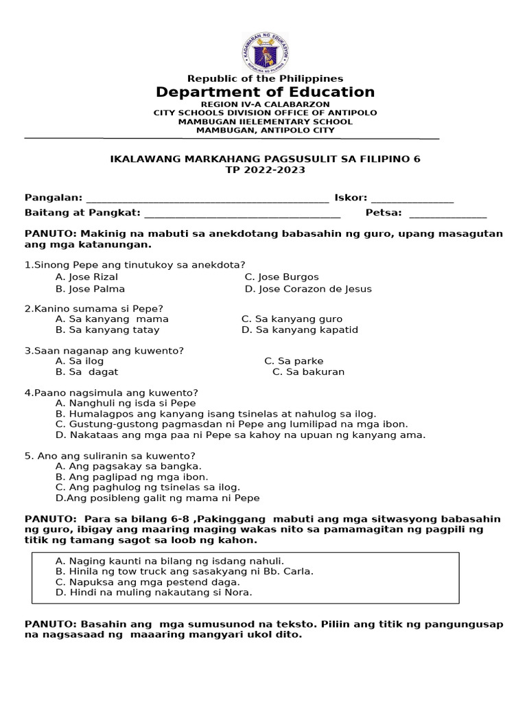 2nd Quarterly Test Filipino 6 2022 2023 | PDF