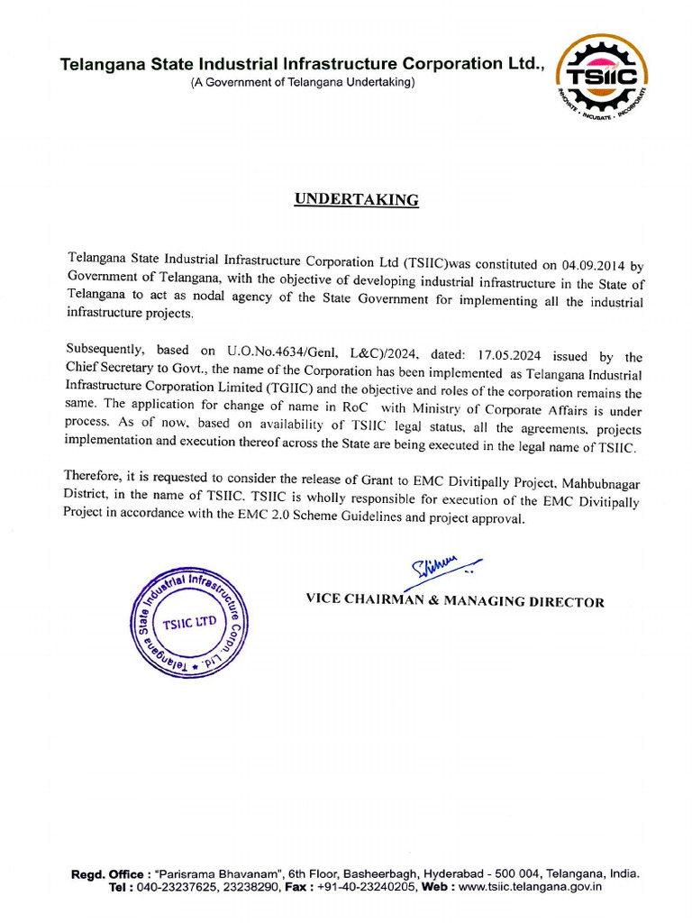 Undertaking Related To TGIIC and TSIIC - On EMC 2.0 Divitipally | PDF