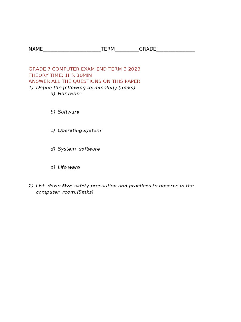Grade 7 Computer Exam Guide | PDF