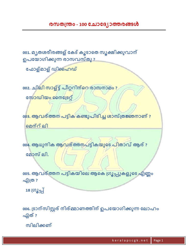 100 PSC Questions Malayalam Chemistry | PDF