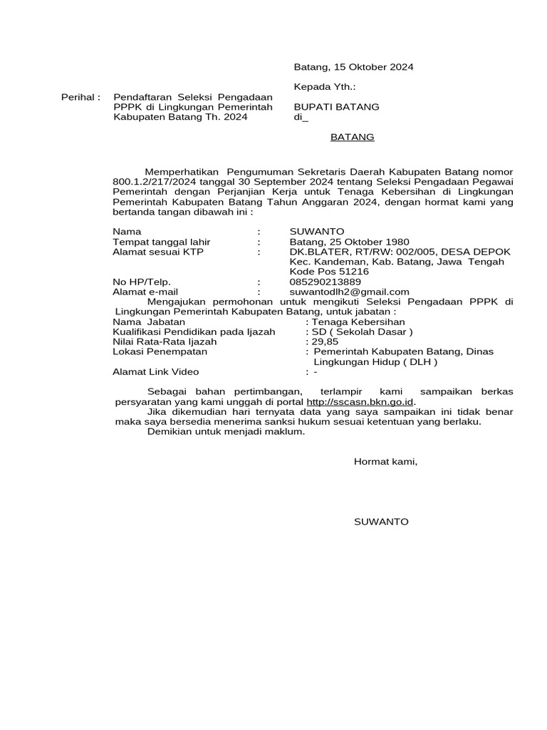 Surat Lamaran SUWANTO 2024 | PDF