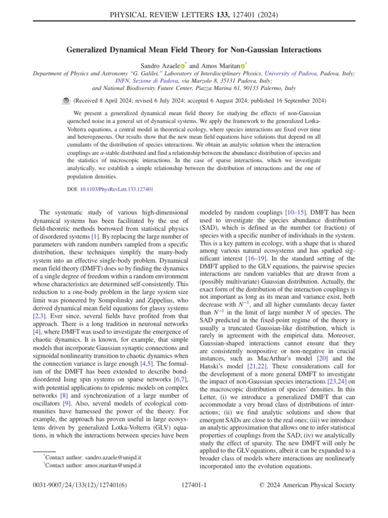 2024, Generalized Dynamical Mean Field Theory For Non-Gaussian Interactions | PDF