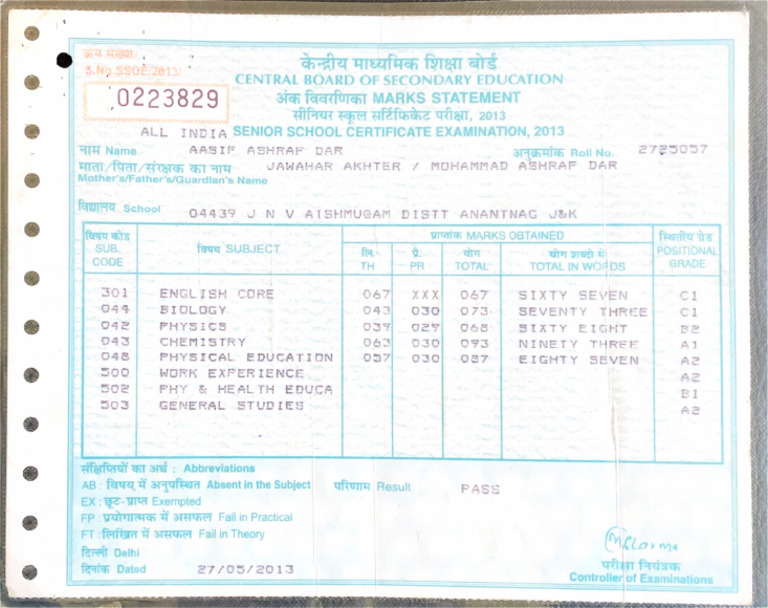 12th Marks Sheet | PDF