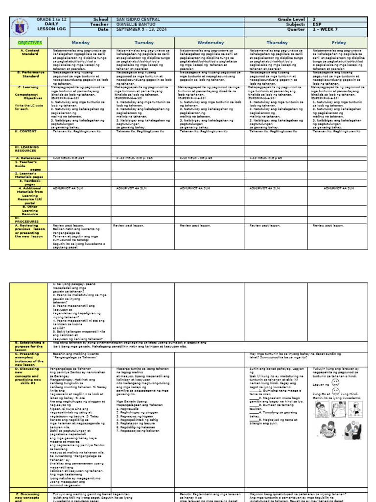 Grade 2 ESP Lesson Plan: Week 7 | PDF | Career & Growth