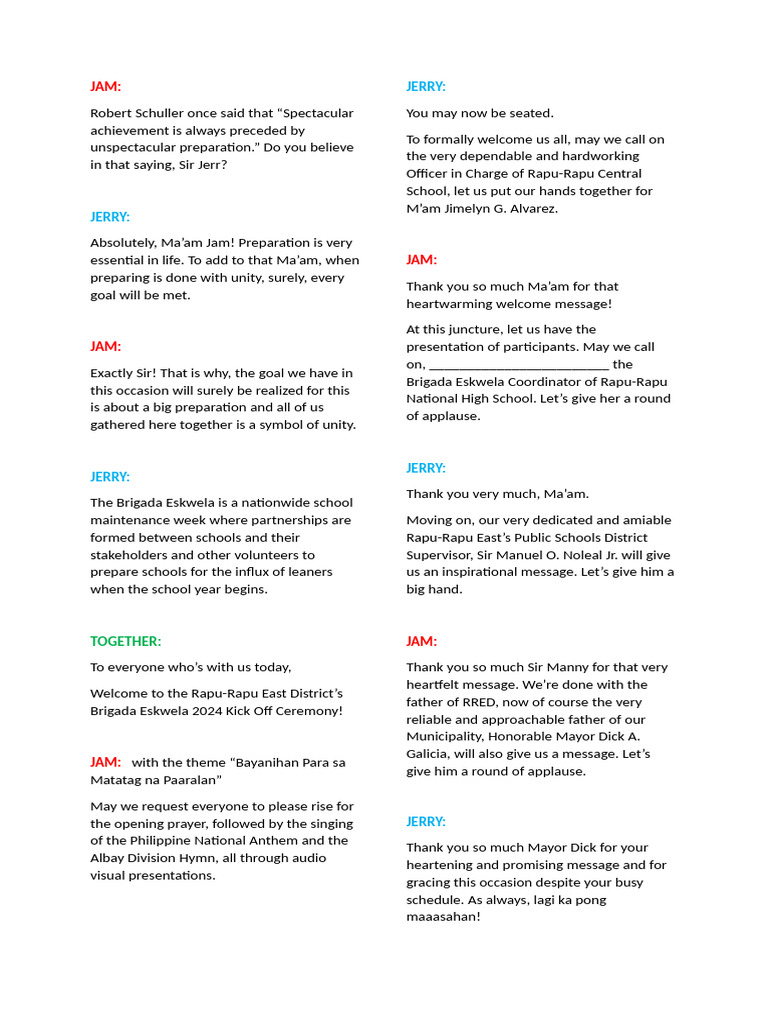 Script Brigada Eskwela Kick Off 2024 | PDF