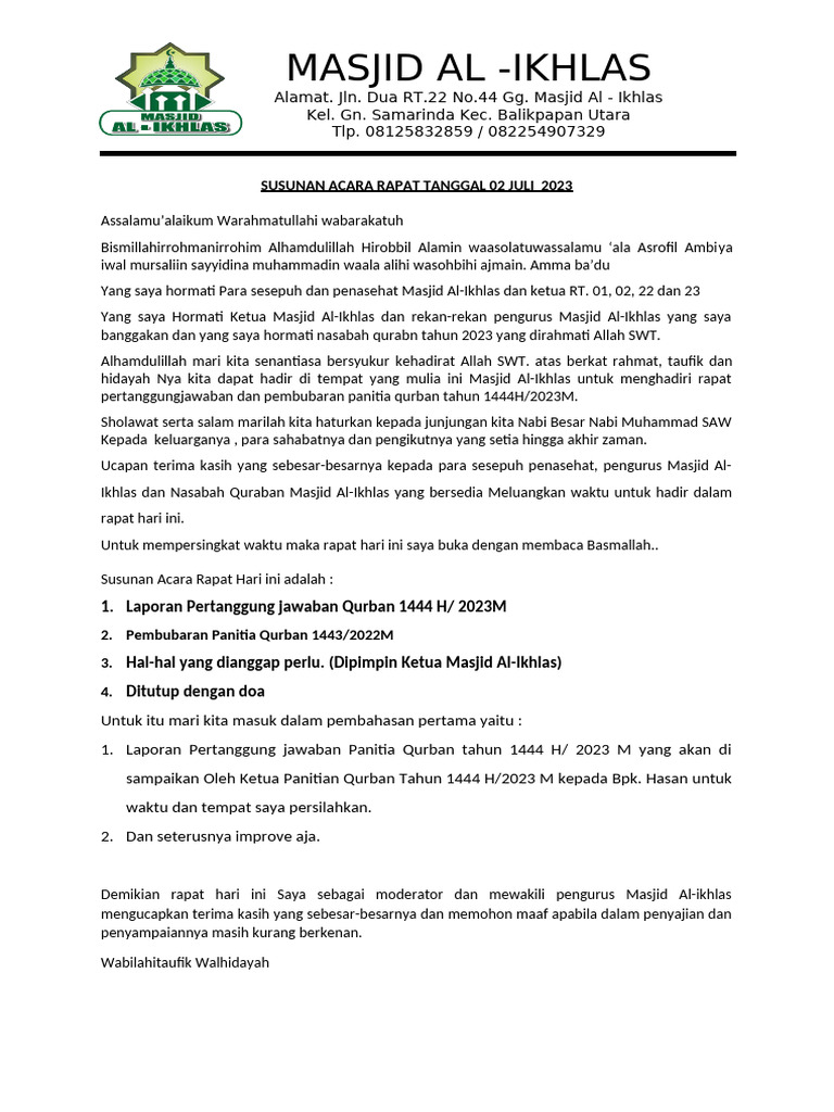 Susunan Acara Rapat Pembubaran Panitian Qurban Tanggal 02 Juni 2023 | PDF