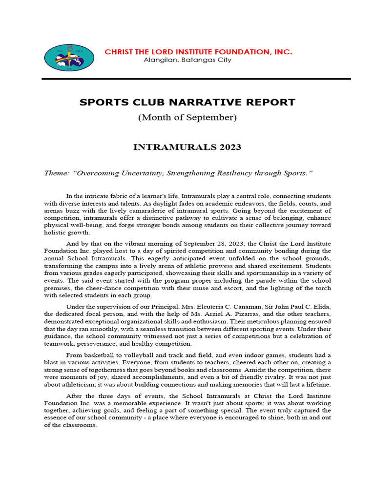 NARRATIVE REPORT ( CLIFI Intramurals 2023) | PDF