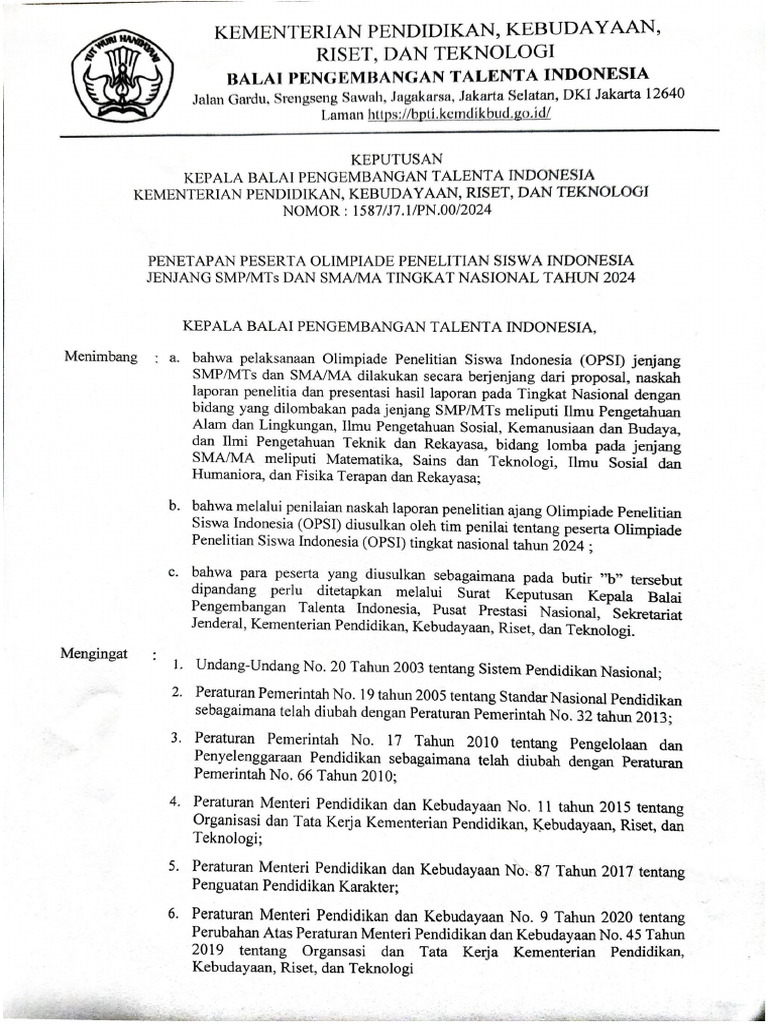 SK Peserta OPSI Tingkat Nasional 2024 | PDF