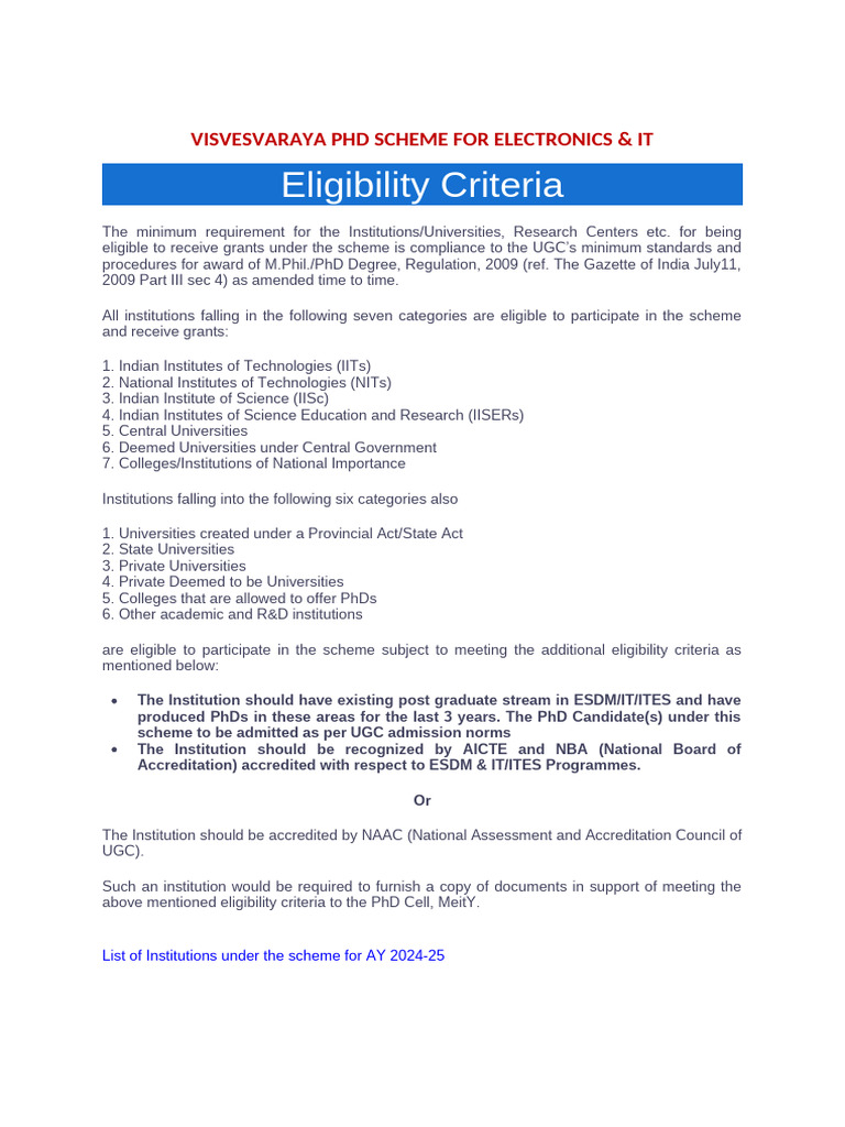 Visvesvaraya PH.D Scheme - Eligibility Criteria | PDF