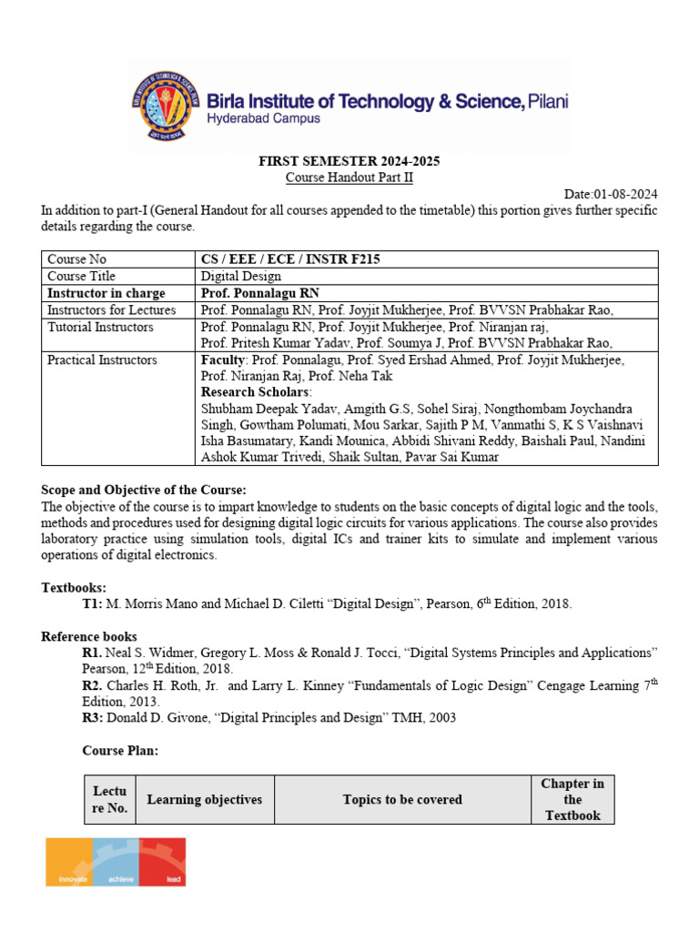 CS - ECE - EEE - INSTR F215 Digital Design Handout I Sem 2024-25 - RNP New | PDF