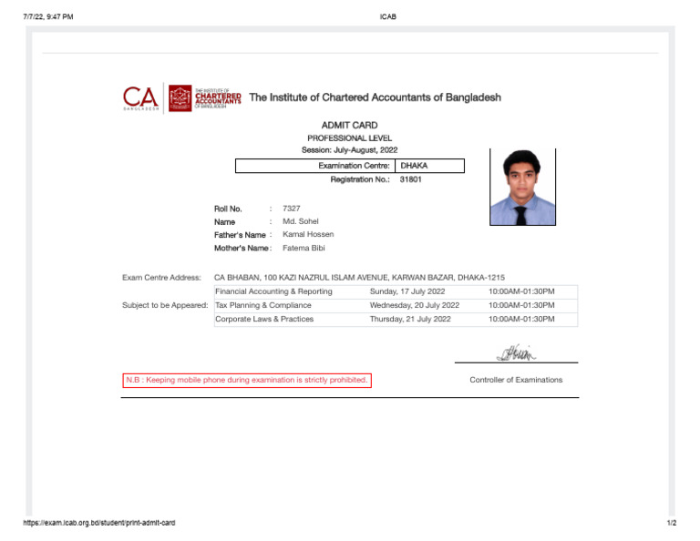 Icab Admit Jul 22 Pdf