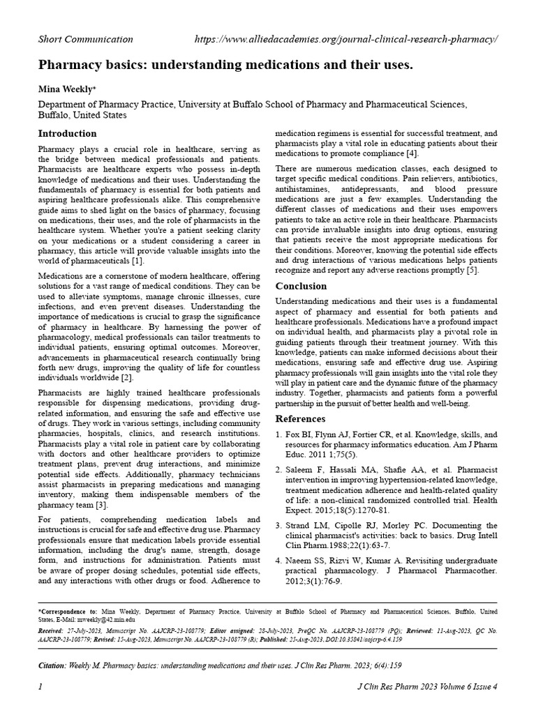 Pharmacy Basics Understanding Medications and Their Uses | PDF