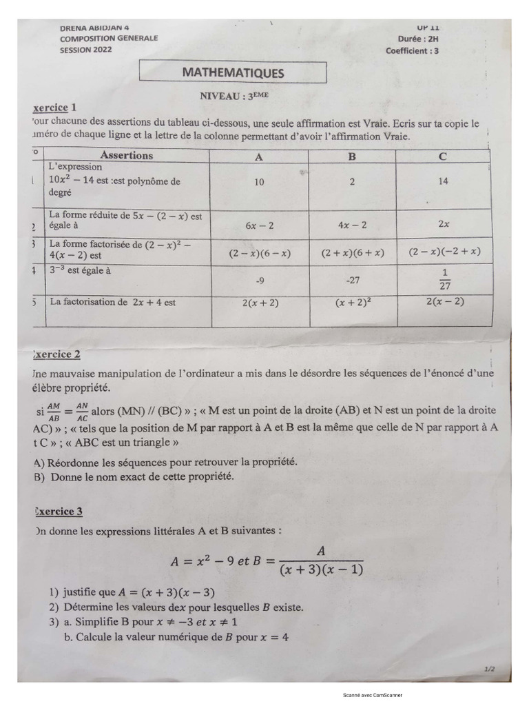 Maths 3ieme Essai Provincial | PDF