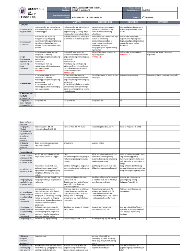 DLL - Filipino 5 - Q2 - W3 | PDF