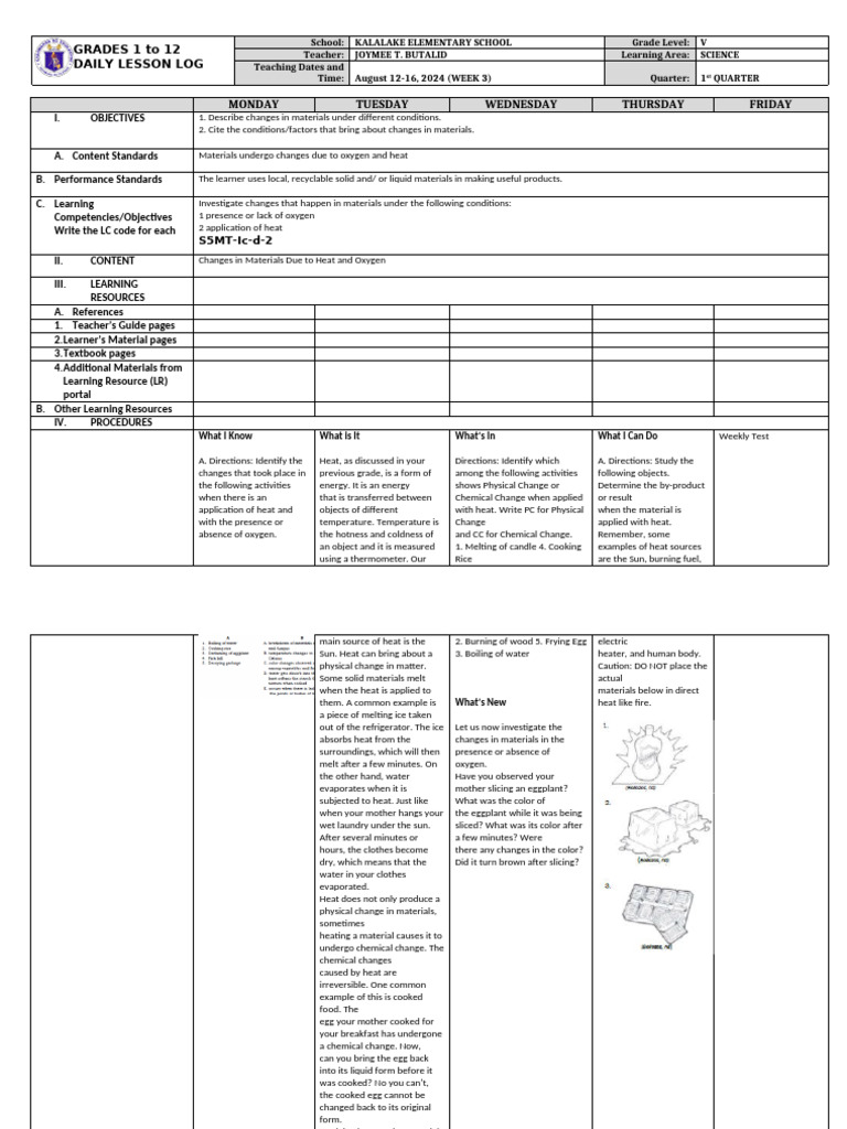 DLL - Science 5 - Q1 - W3 | PDF