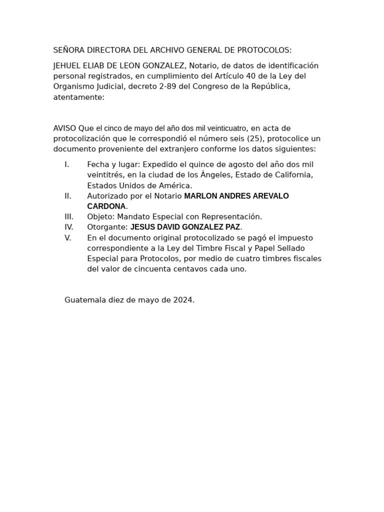 Aviso de Protocolización de Documento Extranjero | PDF