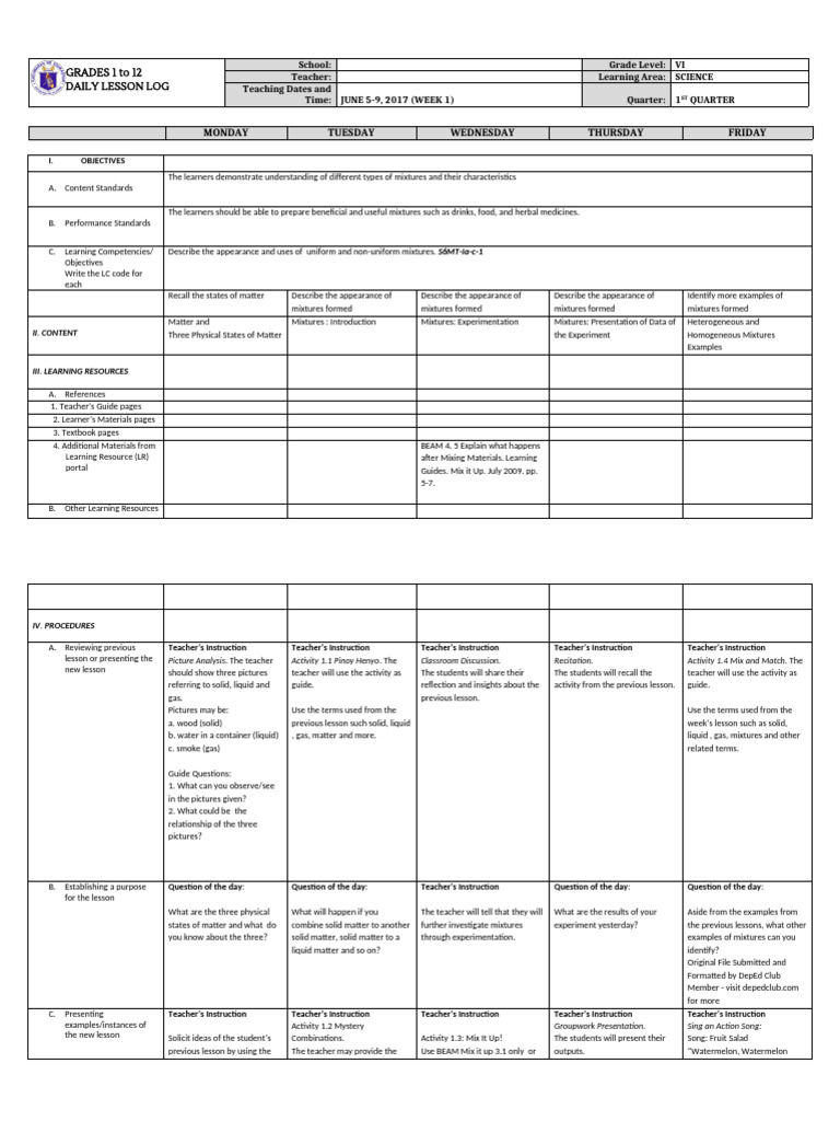 Grade 6 DLL SCIENCE 6 Q1 Week 1 | PDF