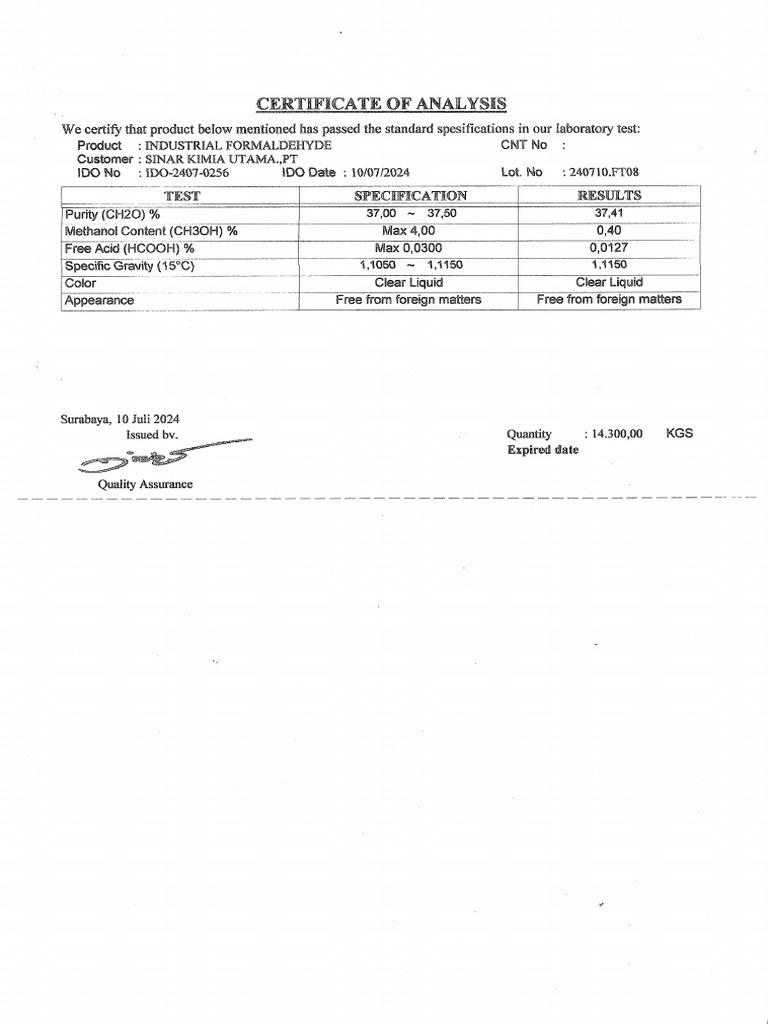 COA Formaline 2024-07 | PDF