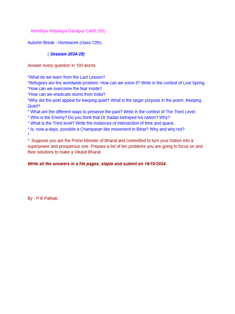 Autumn Break ( English)-HHW-Class 12th | PDF