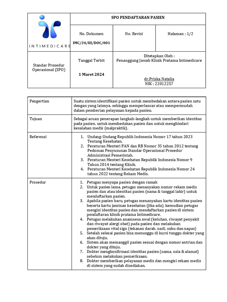 SPO Pendaftaran Pasien | PDF