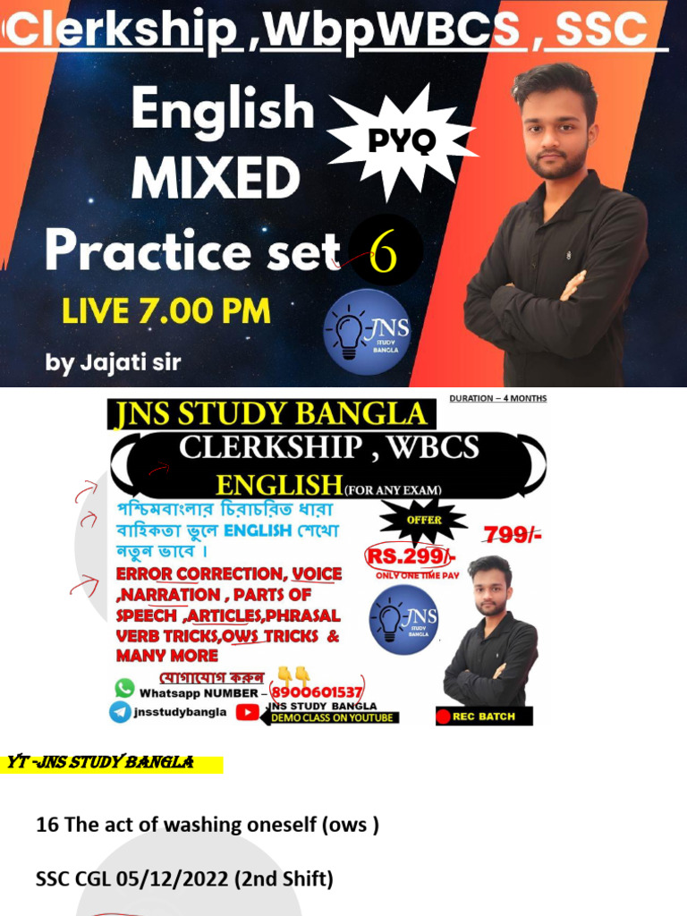 English Practice Set 6 Clerkship, SSC Pyq, WBP, Wbcs by Jns | PDF