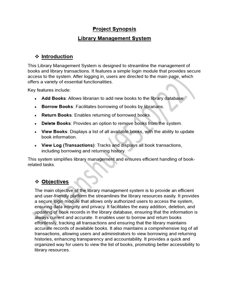 Library Management System Project Synopsis 2 | PDF