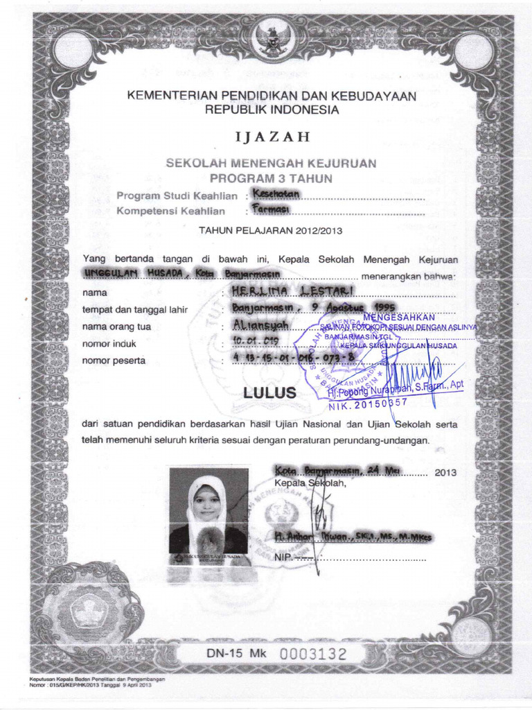 Ijazah Legalisir Lina (Dpn) | PDF