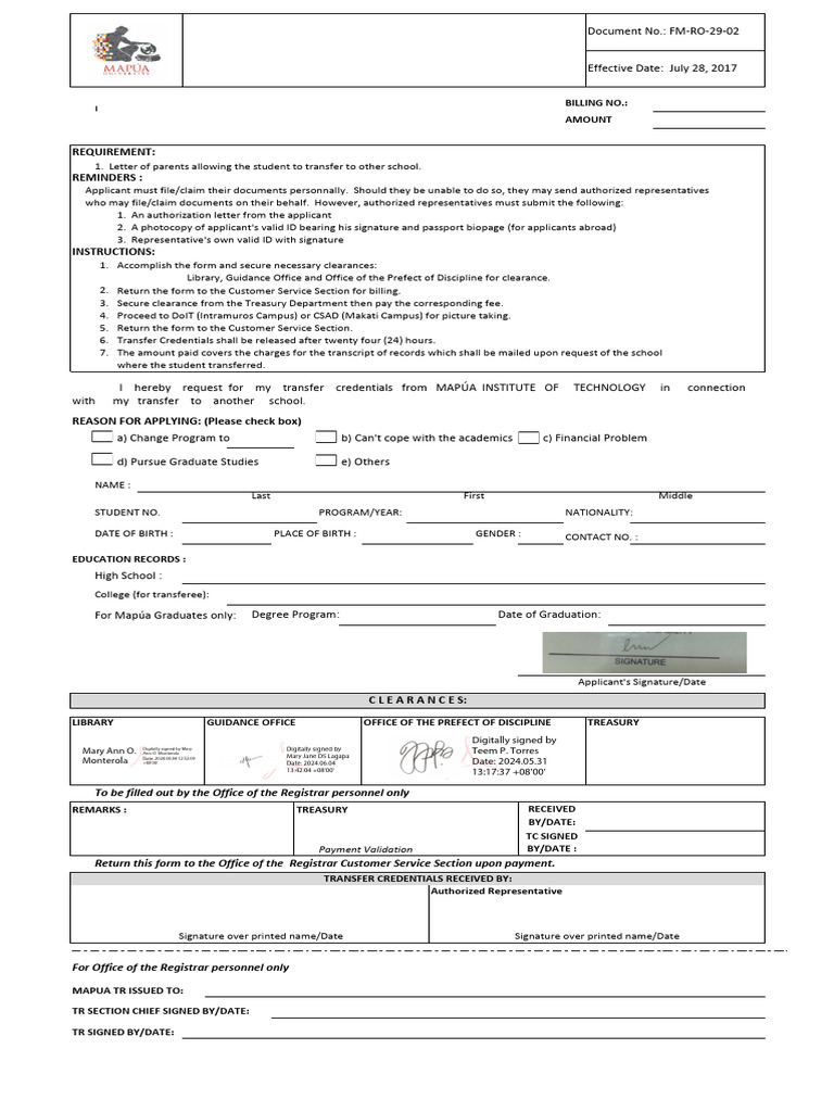IGPS-FM-RO-29-02 Application For Transfer Credentials (TC) Signed | PDF